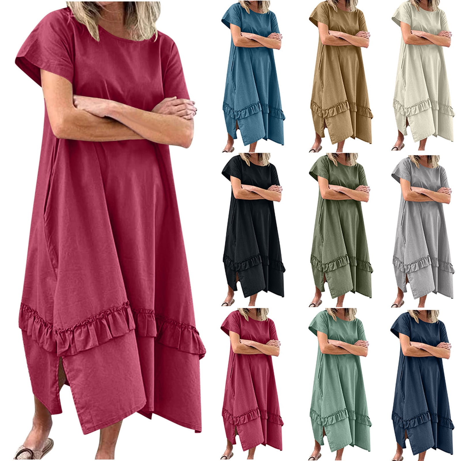 Aboser Womens Summer Linen Dresses Casual Short Sleeve Maxi Dress Loose ...