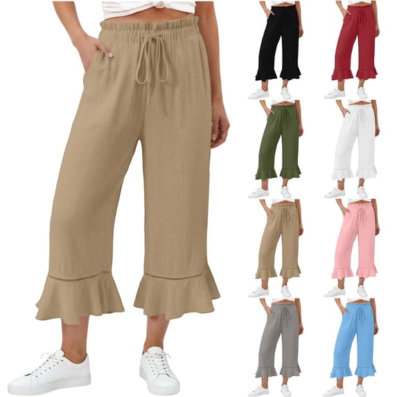 Aboser Womens Summer Ruffles Pants Capri Length Lounge Pants Comfy Wide ...
