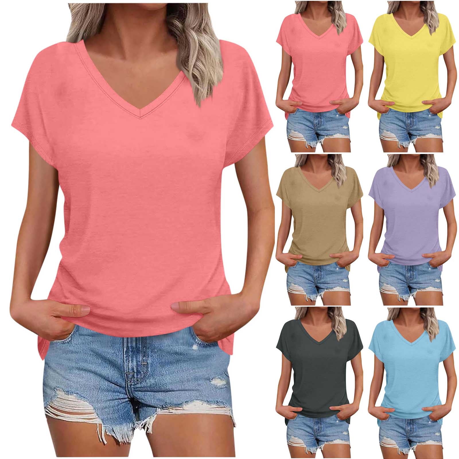 Aboser Womens Summer Tops Short Sleeve Fashion Clothes Comfort V Neck ...