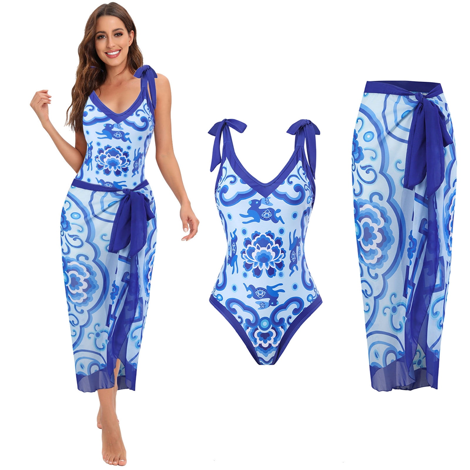 Aboser Womens Swimsuit One Piece with Matching Cover Up Wrap Skirt ...