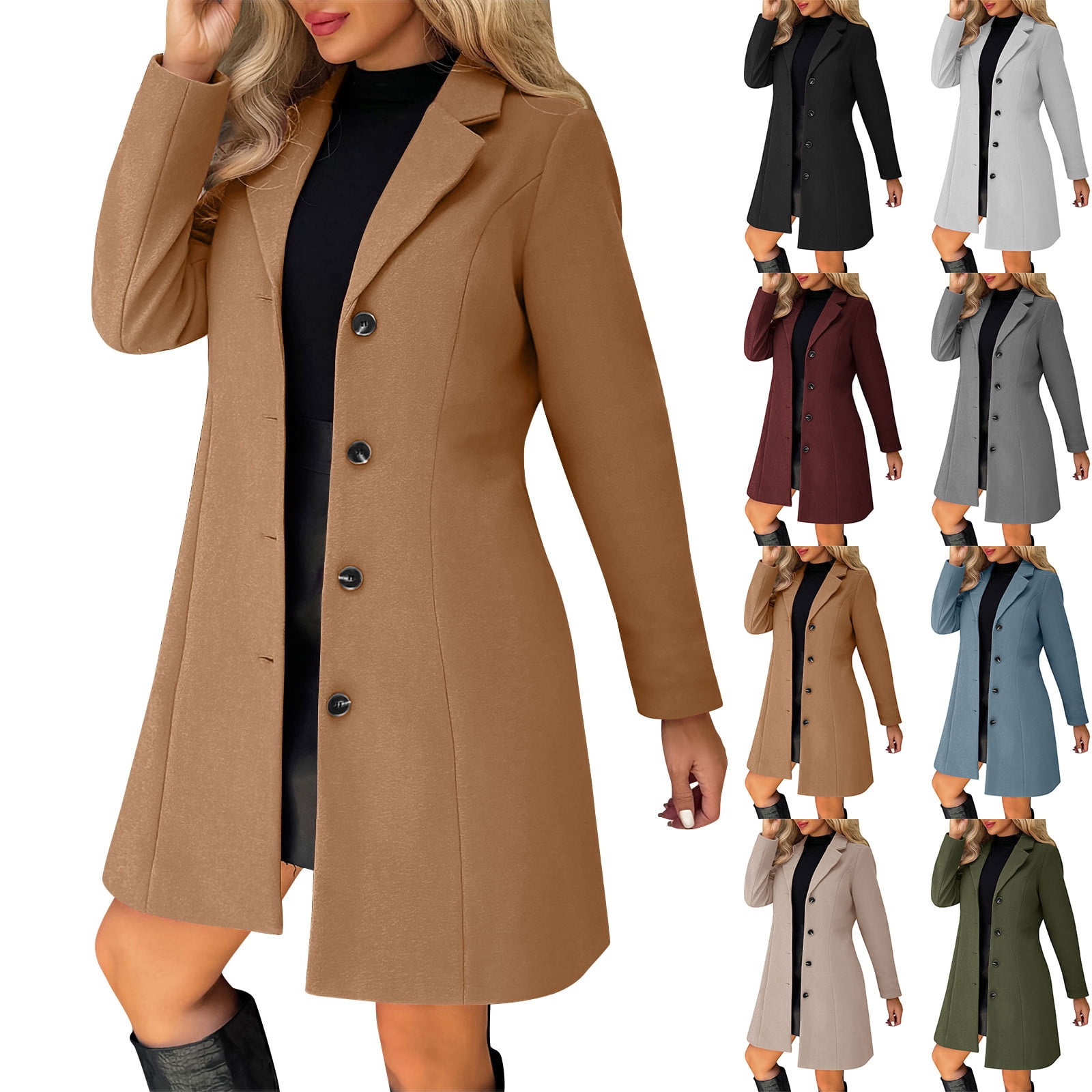 Aboser Womens Trench Coats Elegant Single Breasted Pea Coat Mid Length ...