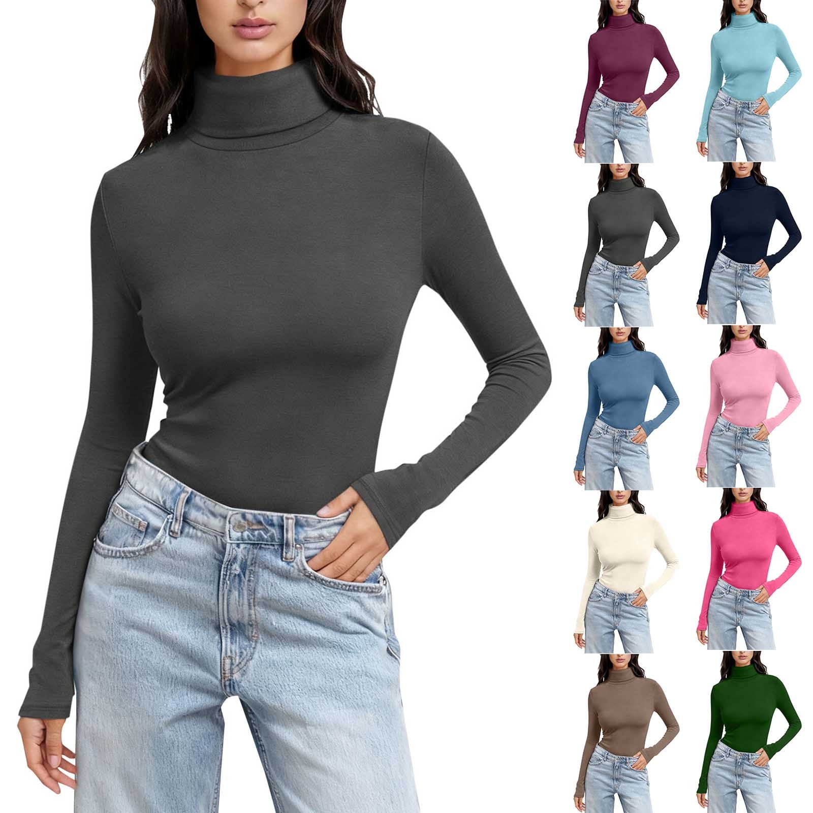 Aboser Womens Turtleneck Shirts Stretchy Long Sleeve Tops Cozy Slim Fit ...