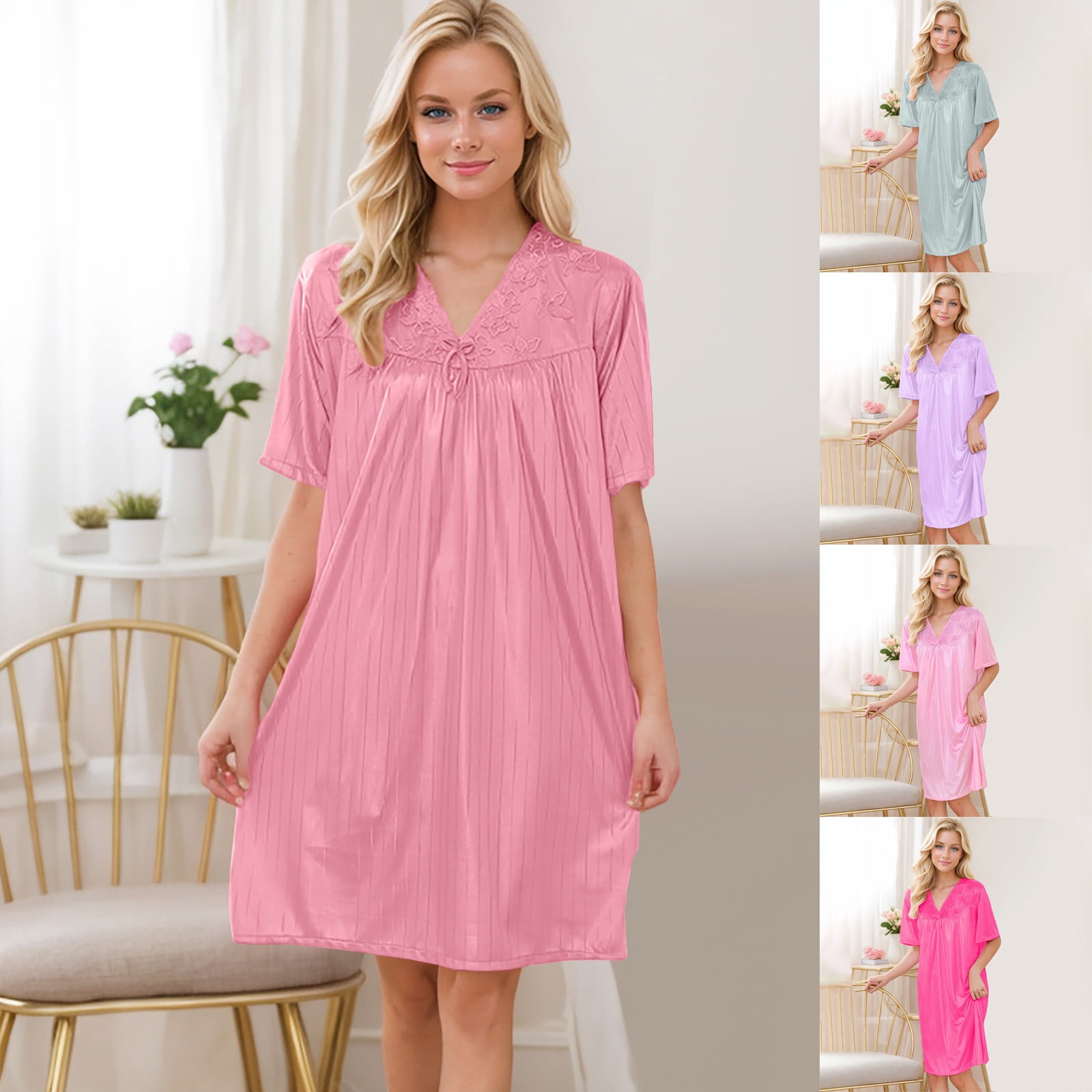 Aboser Womens V Neck Tunic Nightshirts Cooling Short Sleeve Sleepwear ...