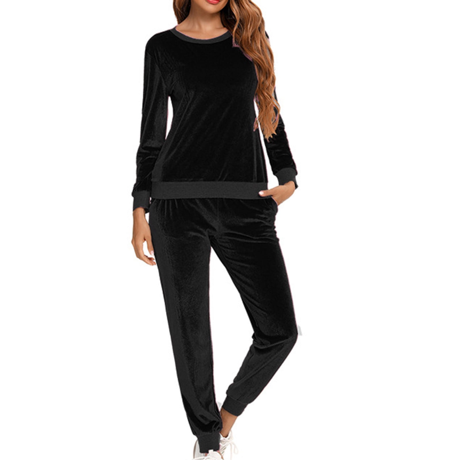 Aboser Womens Velour Sets 2 Piece Outfits Lng Sleeve Lounge Set Velvet Pajama Set Crew Neck ...