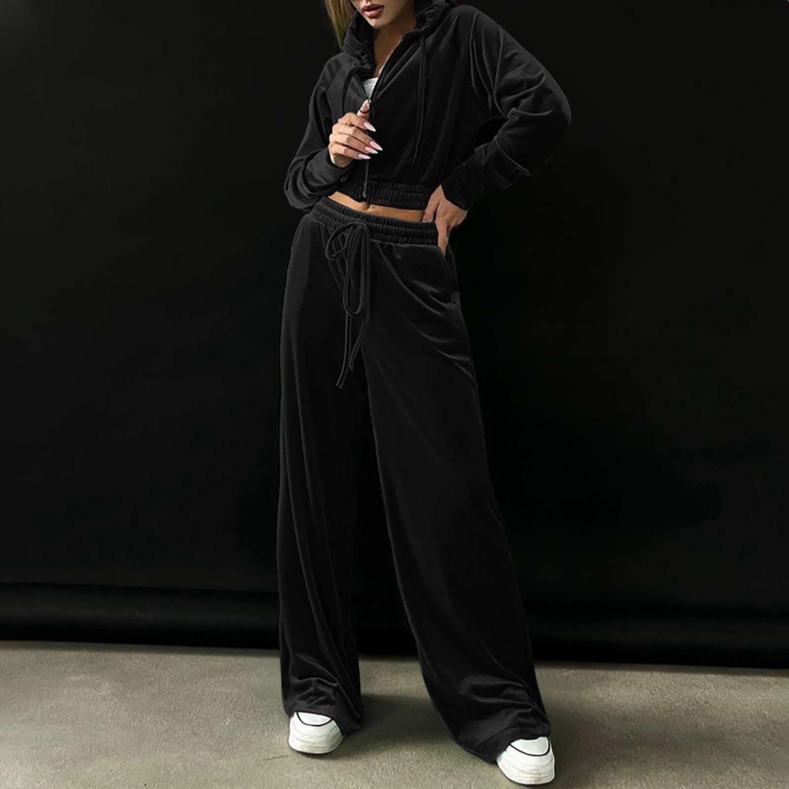 Aboser Womens Velour Sweatsuit Set 2 Piece Track Suit Cropped Jacket and Wide Leg Pants Outfits ...