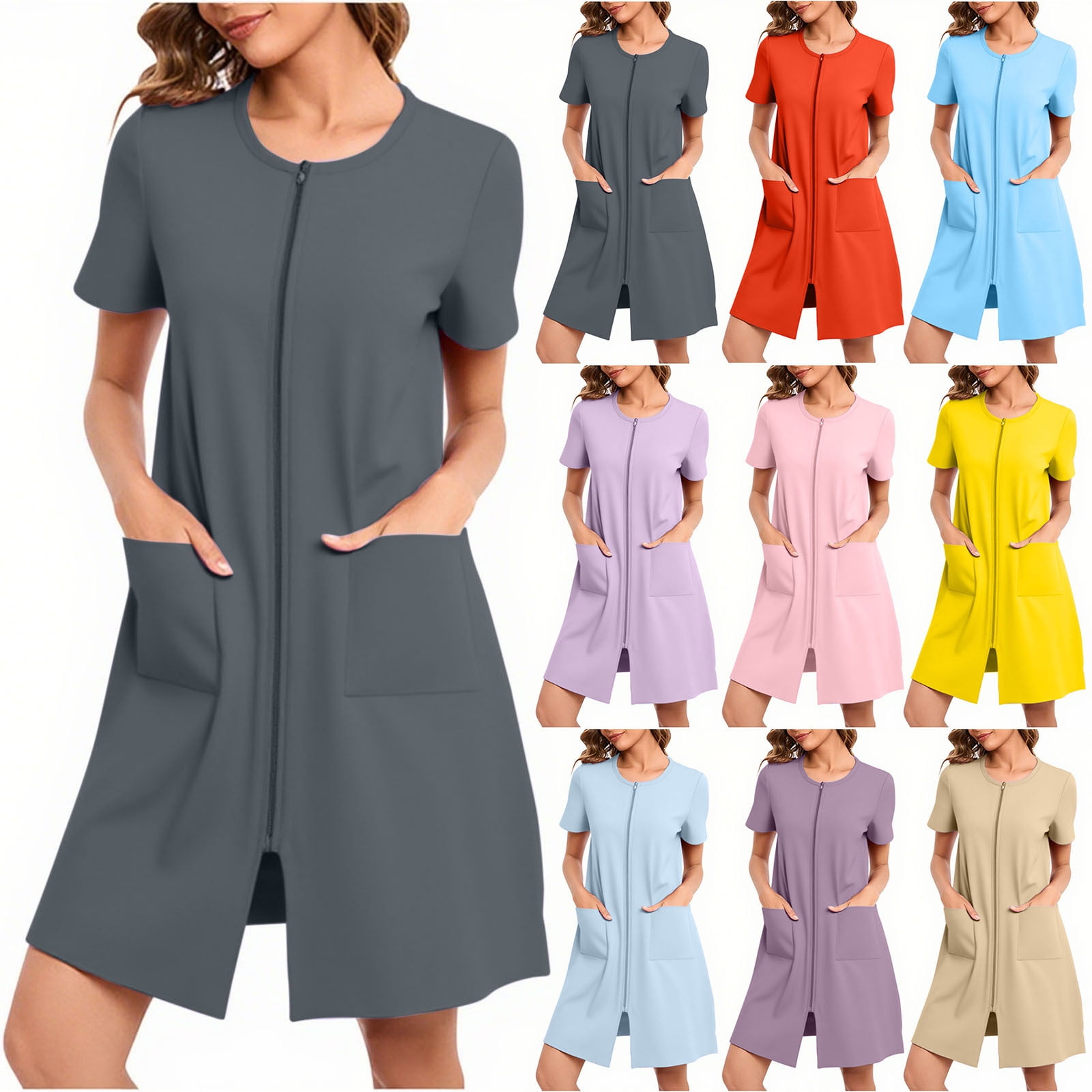 Aboser Womens Zip Up Robes Short Sleeve Housecoat Soft Cozy Zipper ...