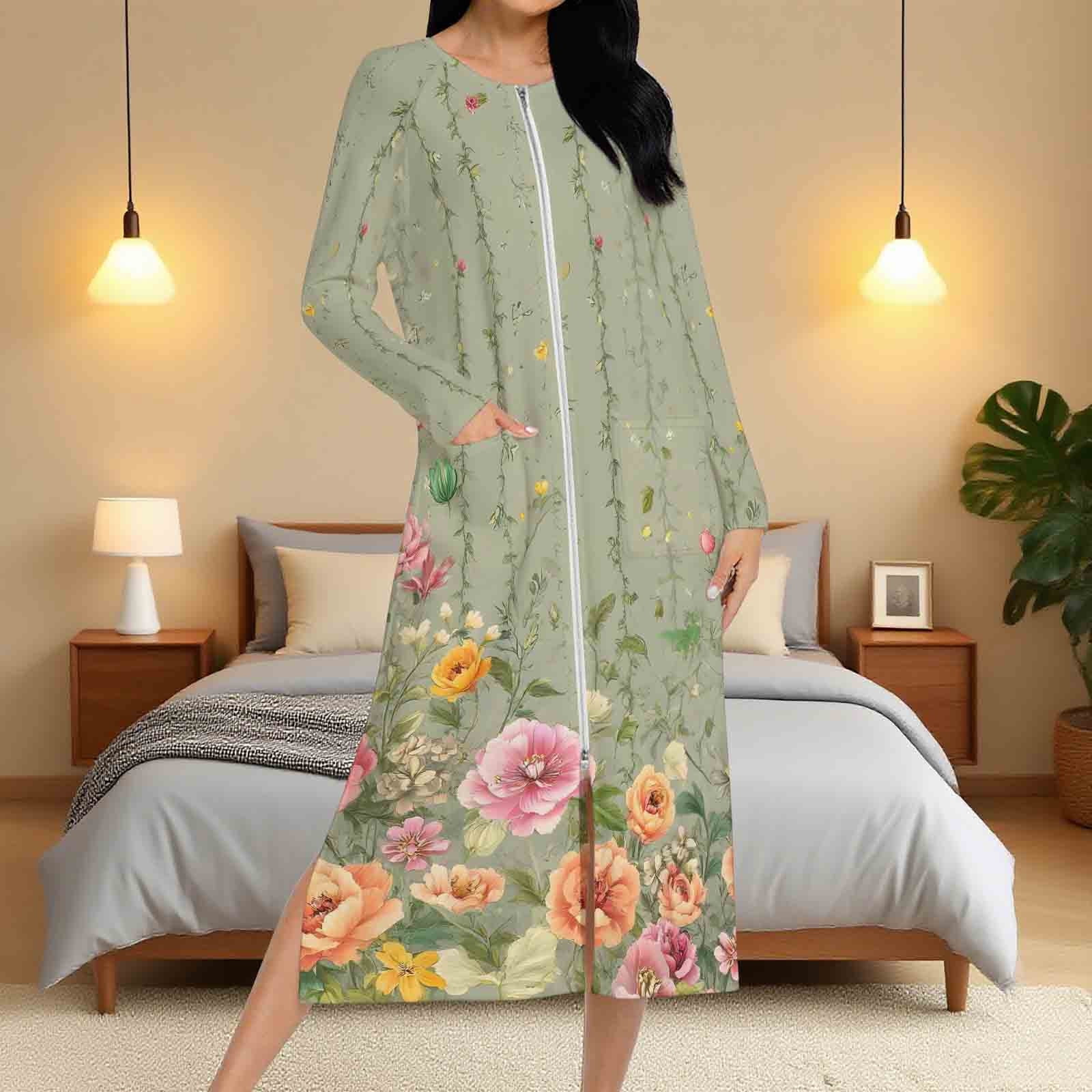 Aboser Zip Up Housecoat for Women Vintage Floral Graphic Robes Casual ...