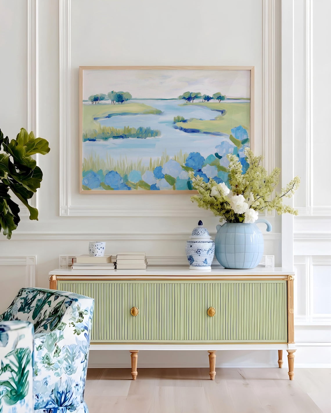 Above Table Southern Marsh Wall Art Hydrangea Coastal Landscape Blue ...