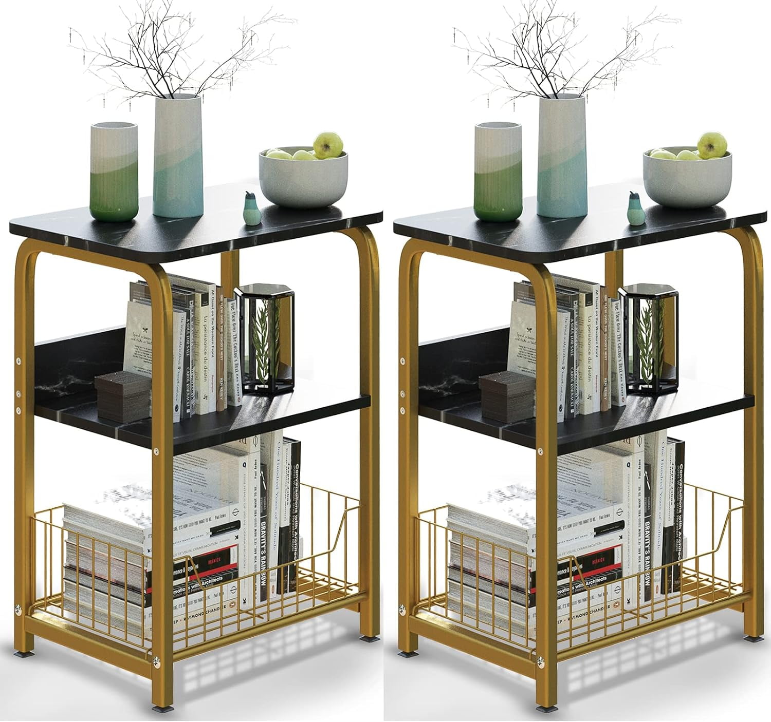Aboxoo 2pc Auxiliary Table, 3-Tier, Black Marble, Retro Design for Home ...