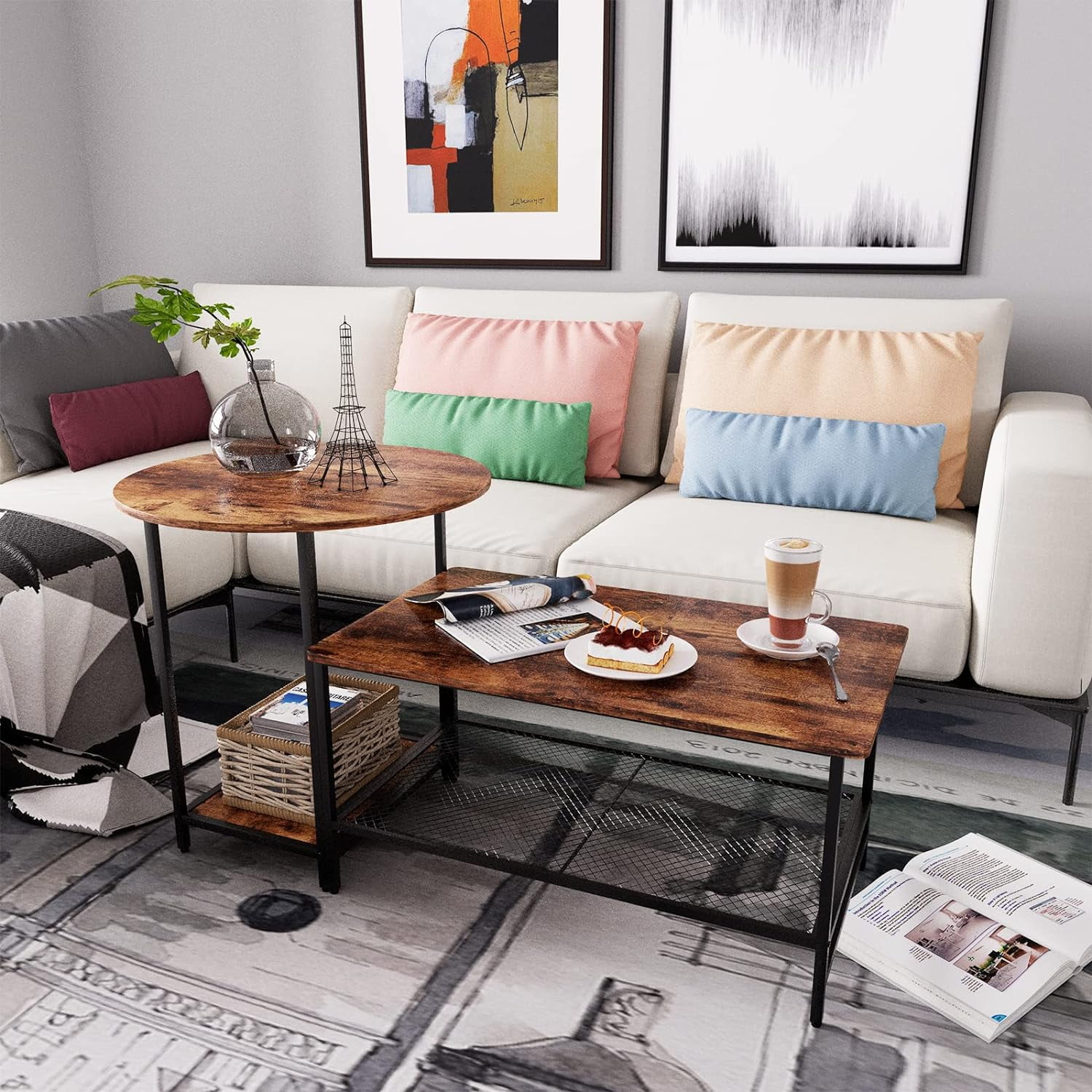 aboxoo Rustic Brown Dual Coffee Table Set, Round and Rectangular with ...