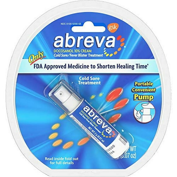 Abreva Cold Sore Treatment, 10 Percent Docosanol, 0.07 oz Pump, Treats ...