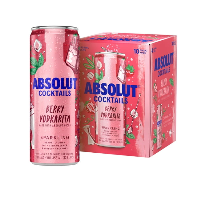 Absolut Vodka Ready to Drink Berry Vodkarita Cocktails, 4 Pack, 12 oz Cans, 10% ABV - Walmart.com