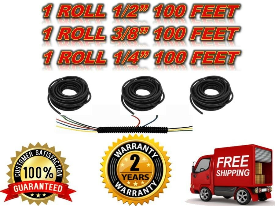 Absolute 3 Rolls 100ft ea Split Cable Wire Loom Tubing 1/4" 3/8" 1/2 ...