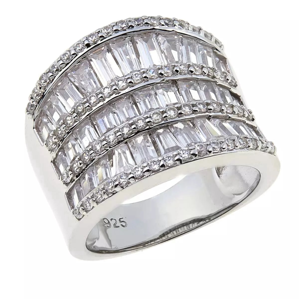 Absolute Sterling Silver Cz Baguette & Round Multi-Row Saddle Ring ...