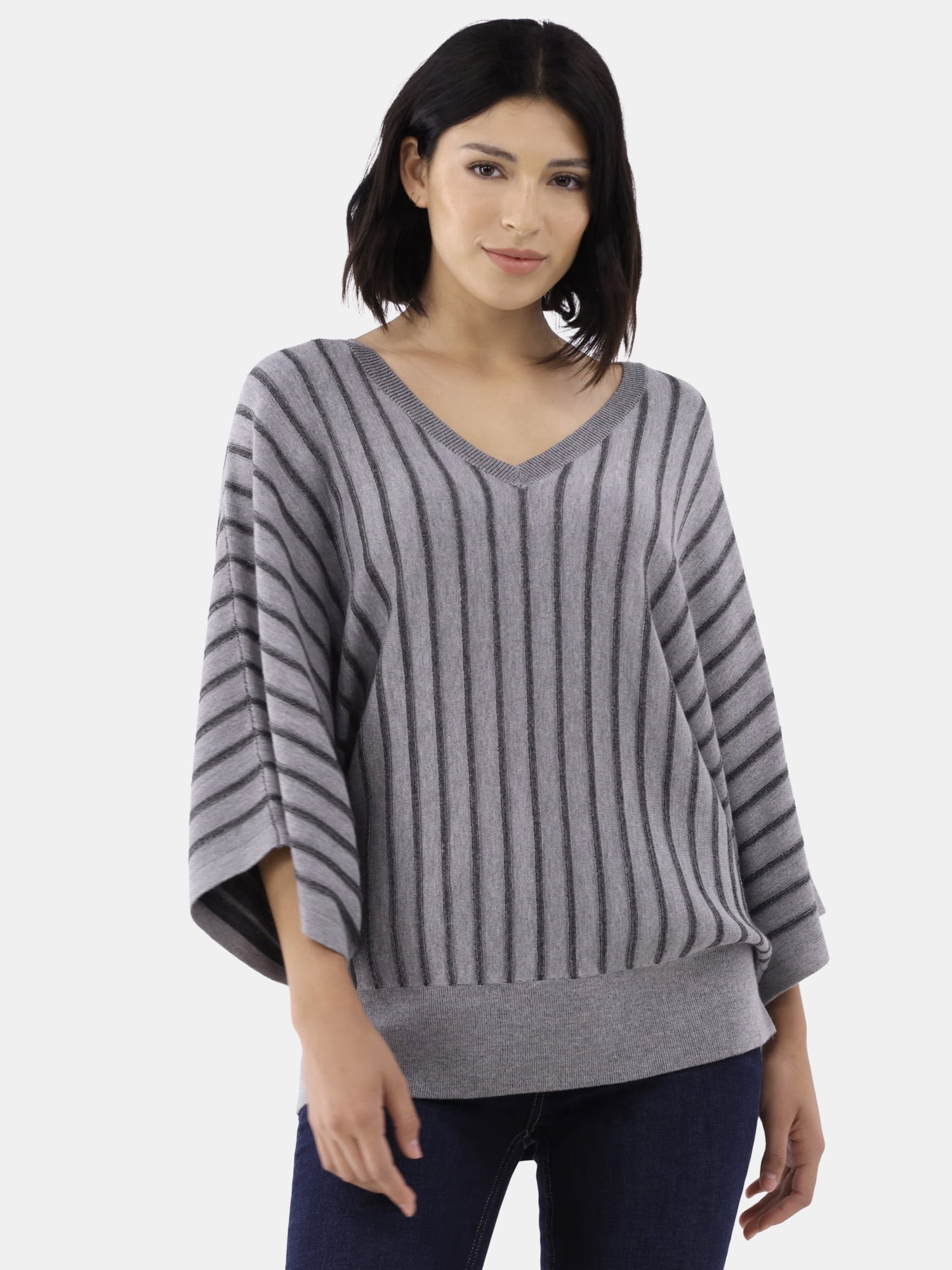 Absolutely Famous Women's V-Neck Striped Textured Dolman Sleeve ...