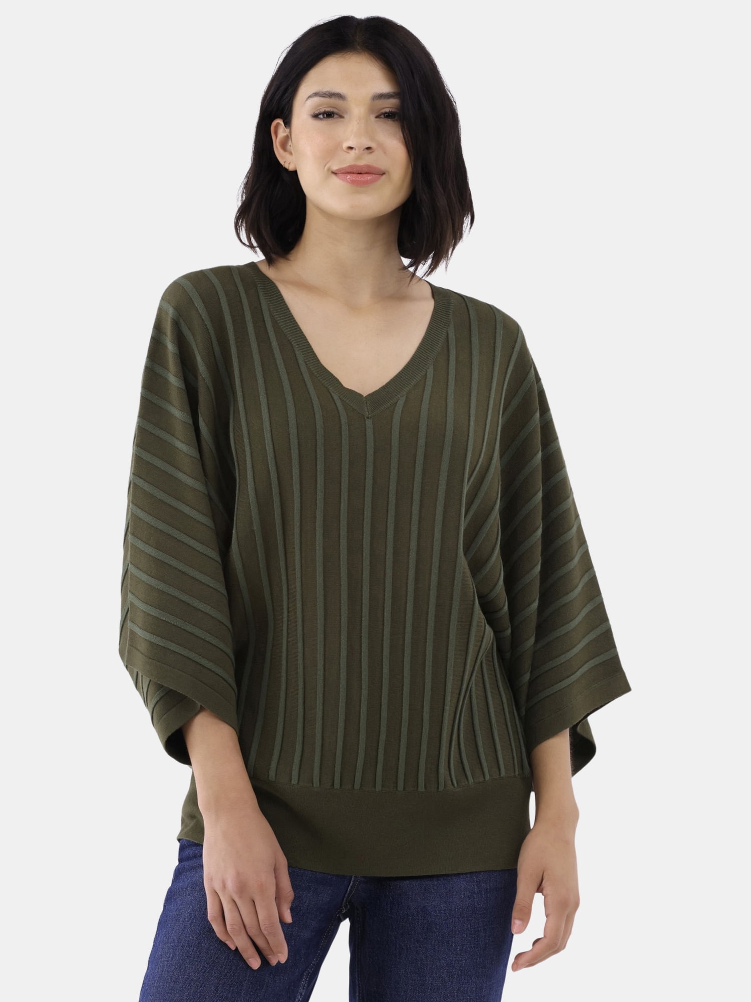 Absolutely Famous Women's V-Neck Striped Textured Dolman Sleeve ...