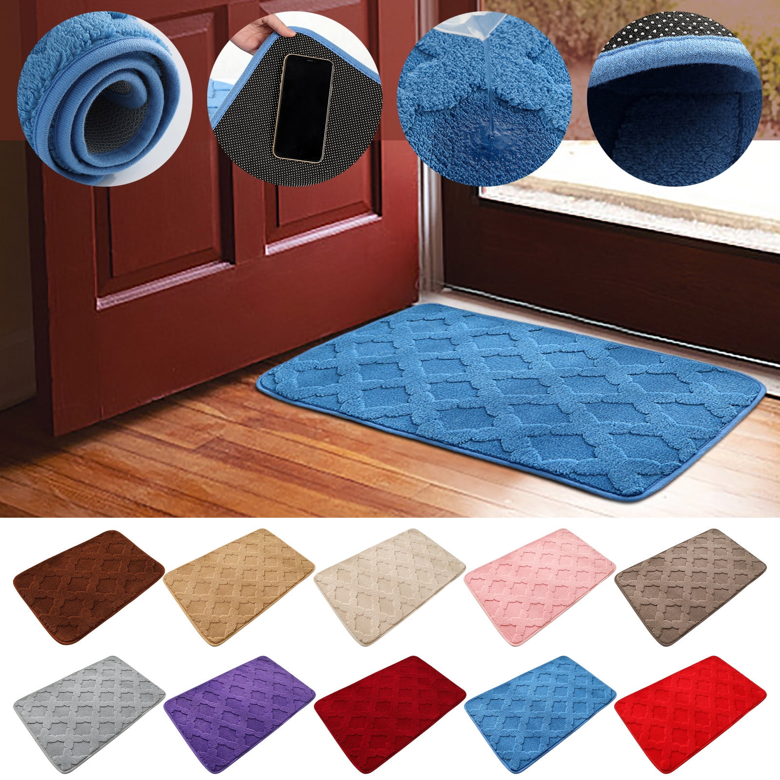 Absorbent Bathroom Floor Mat | Solid Color Polyester | Non-Slip Water ...
