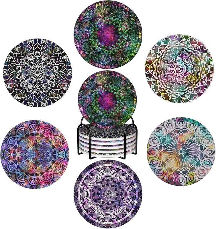 Absorbent Ceramic Coasters for Drinks with Cork Base Art Coasters Set ...