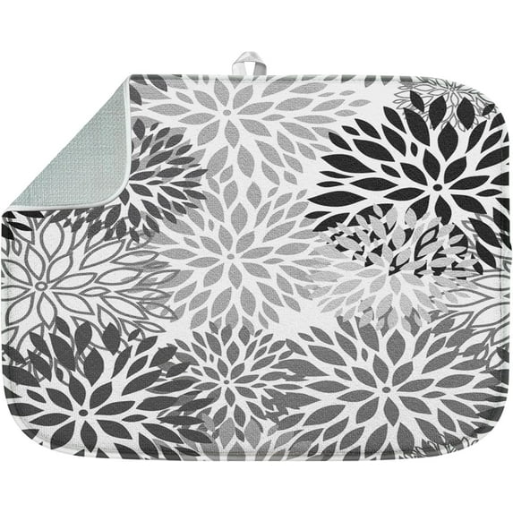 Absorbent Dish Drying Mat, Vintage Spring Leaf Gray Floral Flower ...