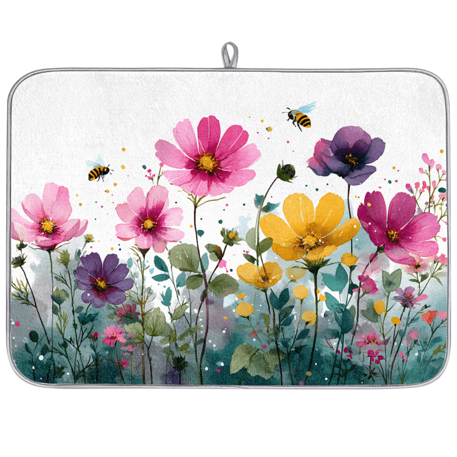 Absorbent Dish Drying Mat for Kitchen Counter, Red Flower and Bees ...