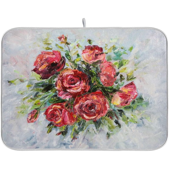 Absorbent Dish Drying Mat for Kitchen Counter - Red Rose Oil Painting ...