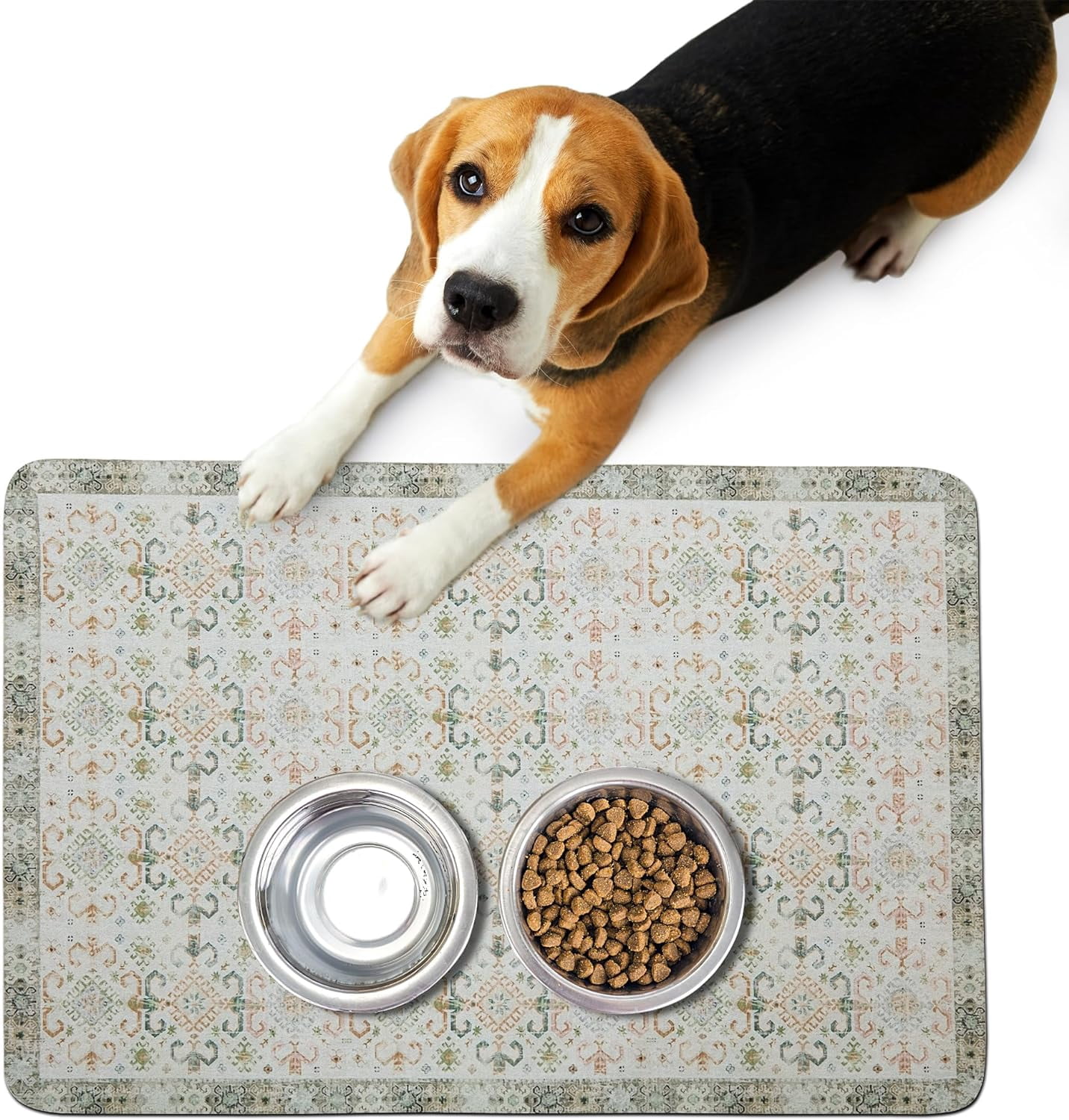 Absorbent Dog Bowl Mat, 12"x19" Boho Dog Food Mat, Cat Food Mat for ...