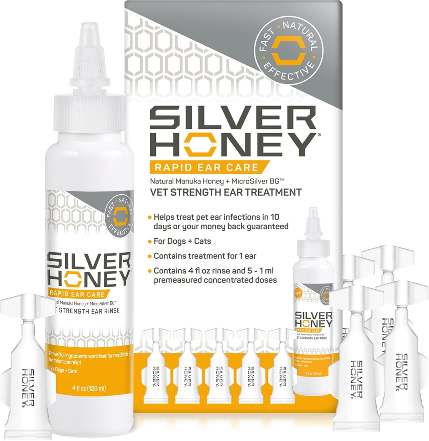 Absorbine Silver Honey Rapid Ear Care Vet Strength Ear Cleaner + Infection Treatment, 10-Day ...