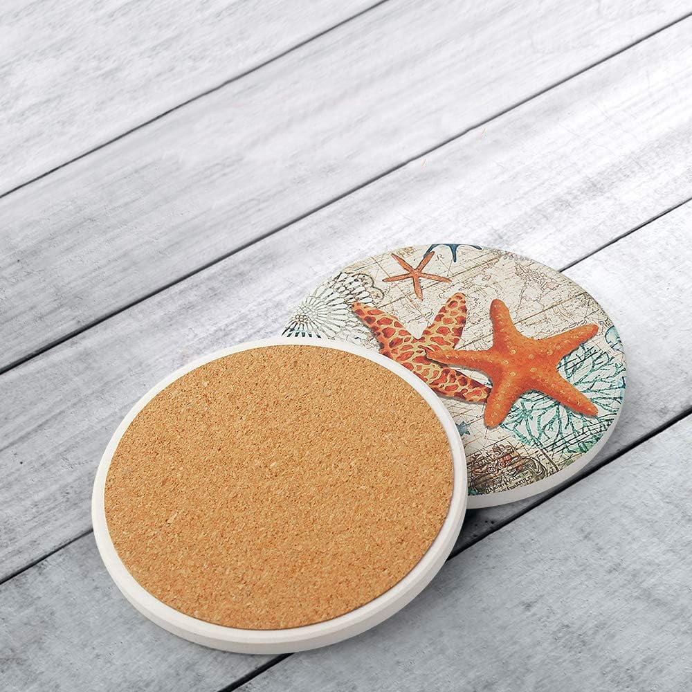 Absorbing Stone Sea Ocean Life Coasters, Cork Base with Holder, Coastal ...