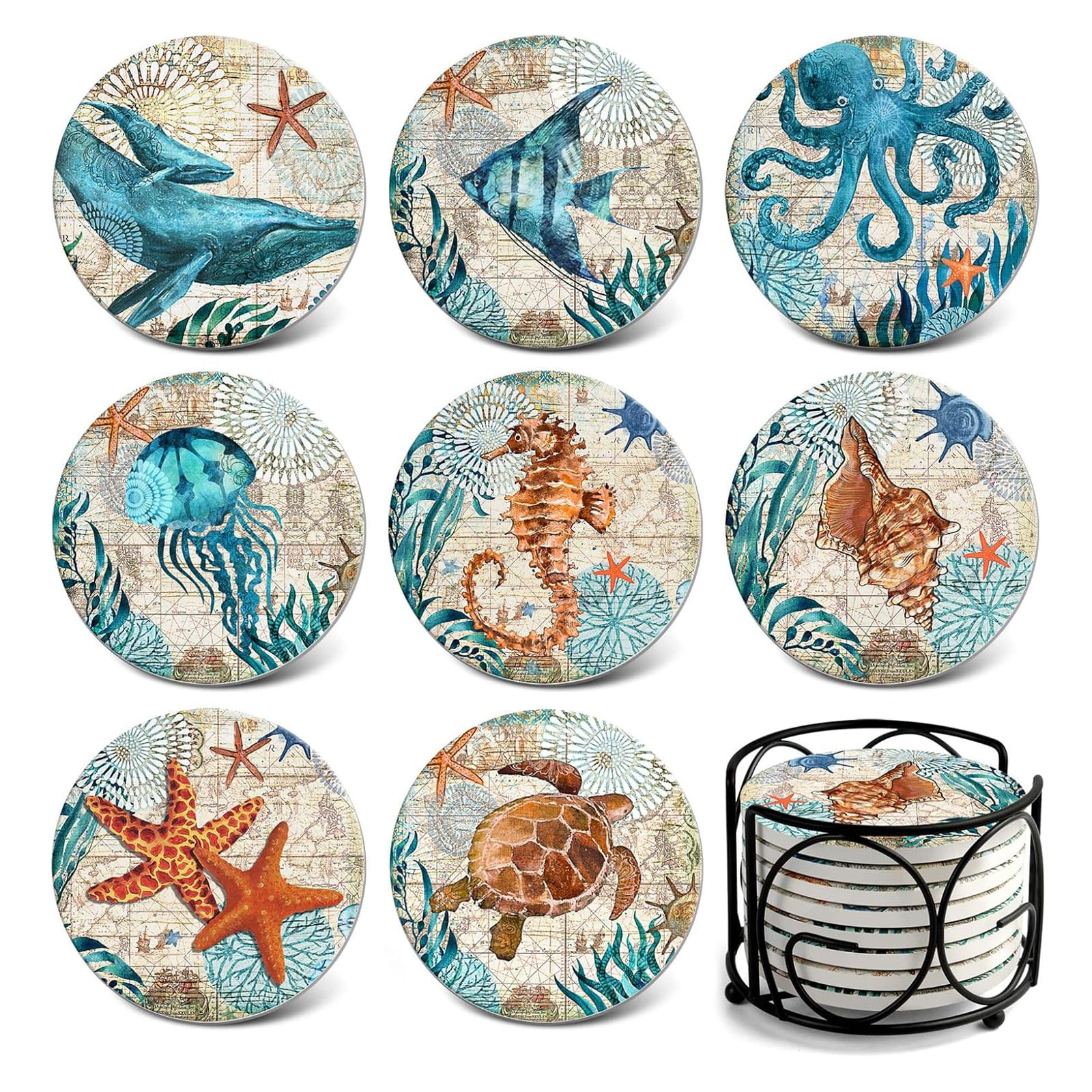 8 Pcs Ceramic Drink Coasters with Holder Absorbing Stone Sea Ocean Life ...