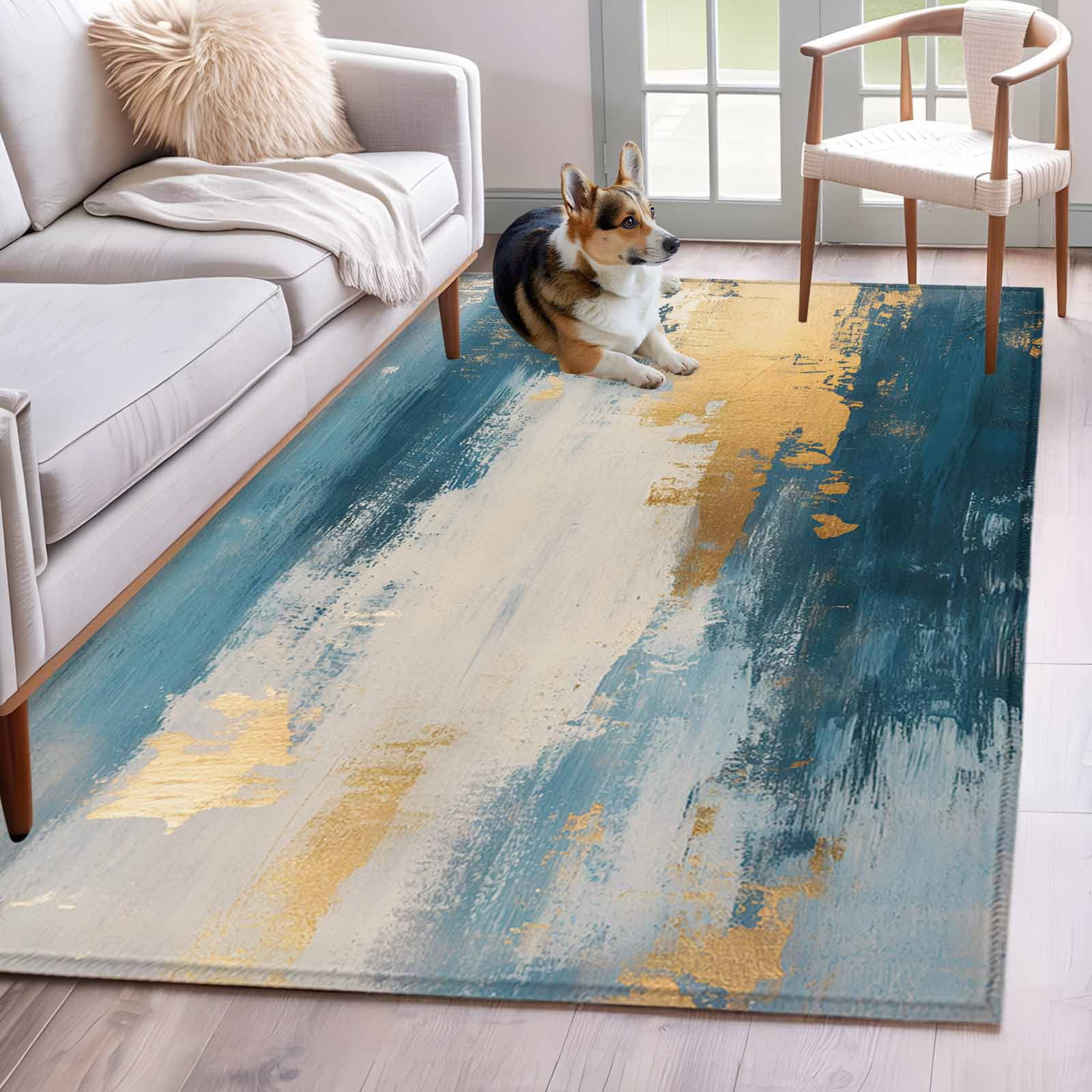 Absstract Color Block Area Rugs 3x5 ft Gold Blue Gradient Art Washable ...