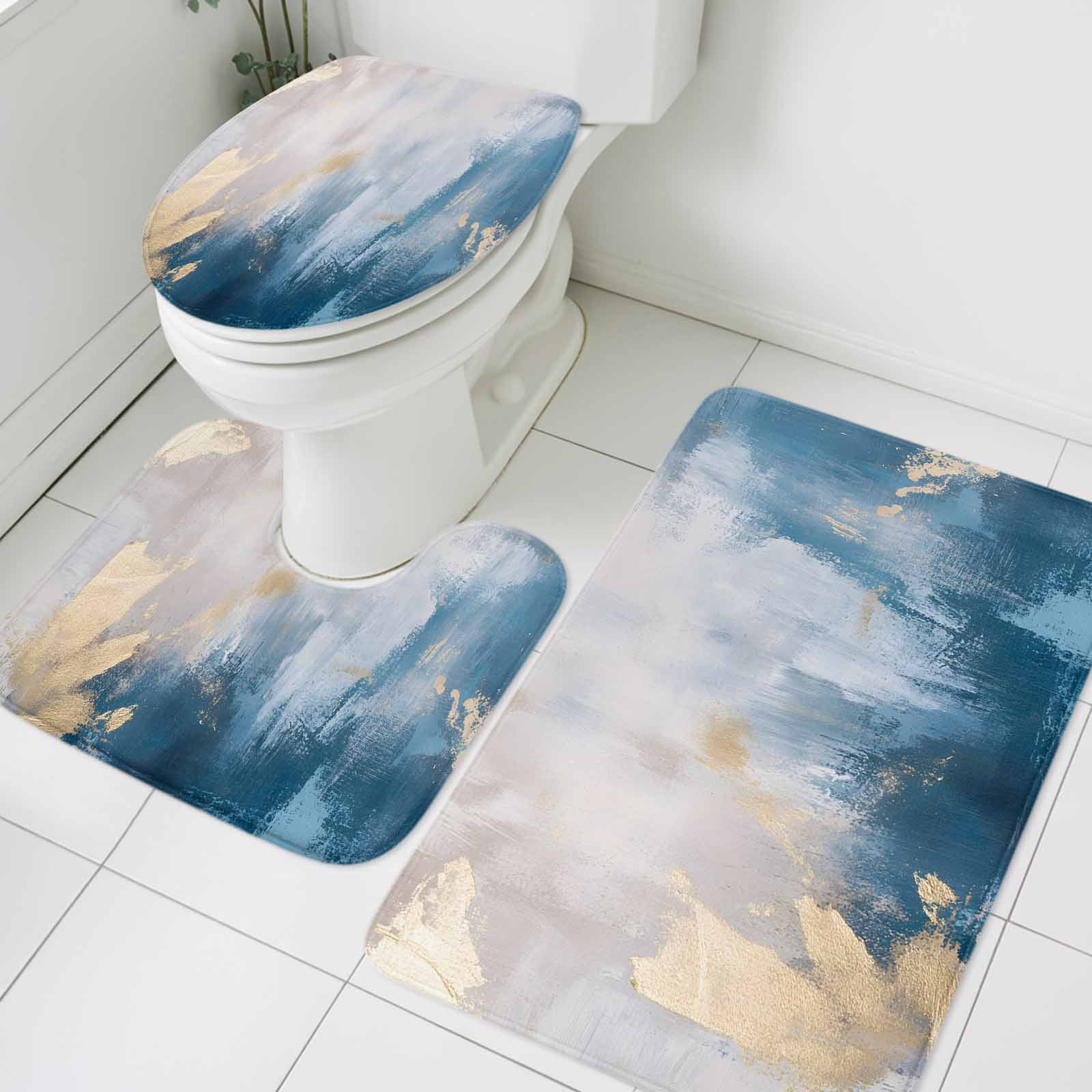 Absstract Color Block Bathroom Rugs Set Blue Gold Gradient Art Non Slip ...