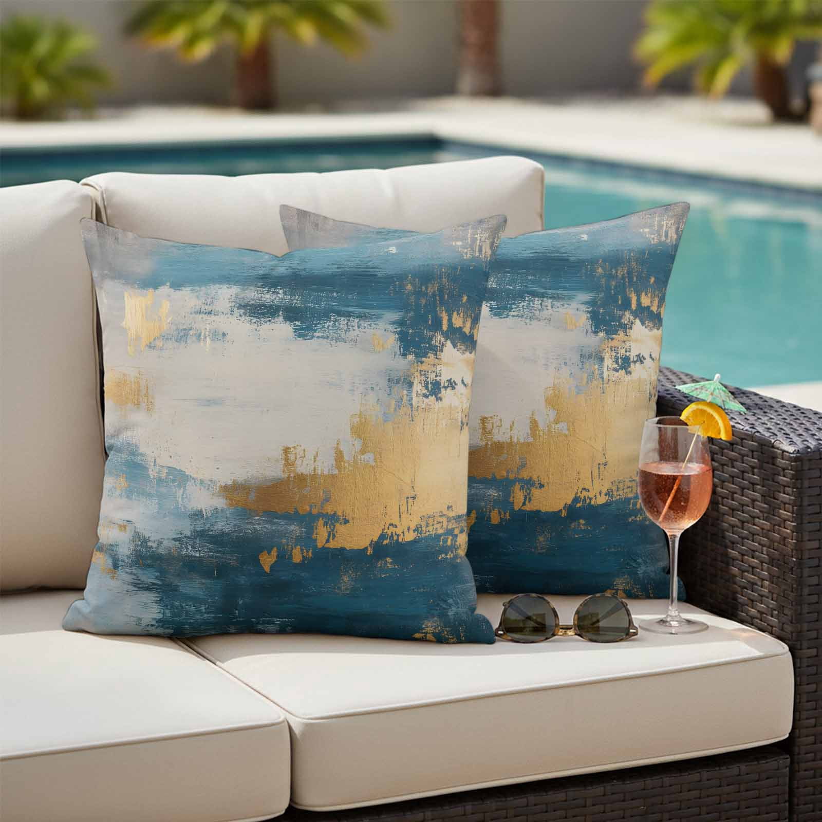 Absstract Color Block Outdoor Throw Pillow Covers Set of 2, Gold Blue ...
