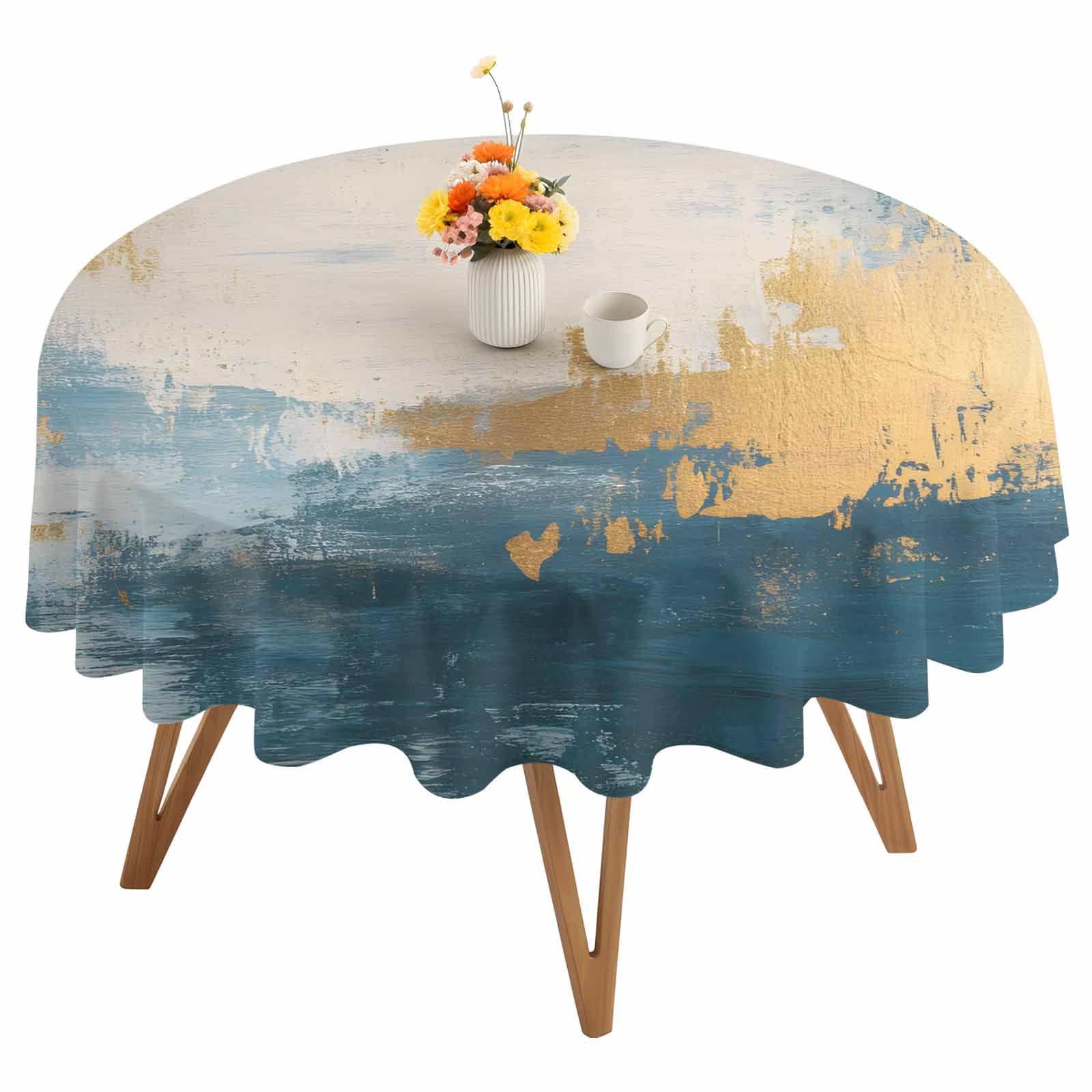 Absstract Color Block Round Tablecloth 54 inches Gold Blue Gradient Art ...