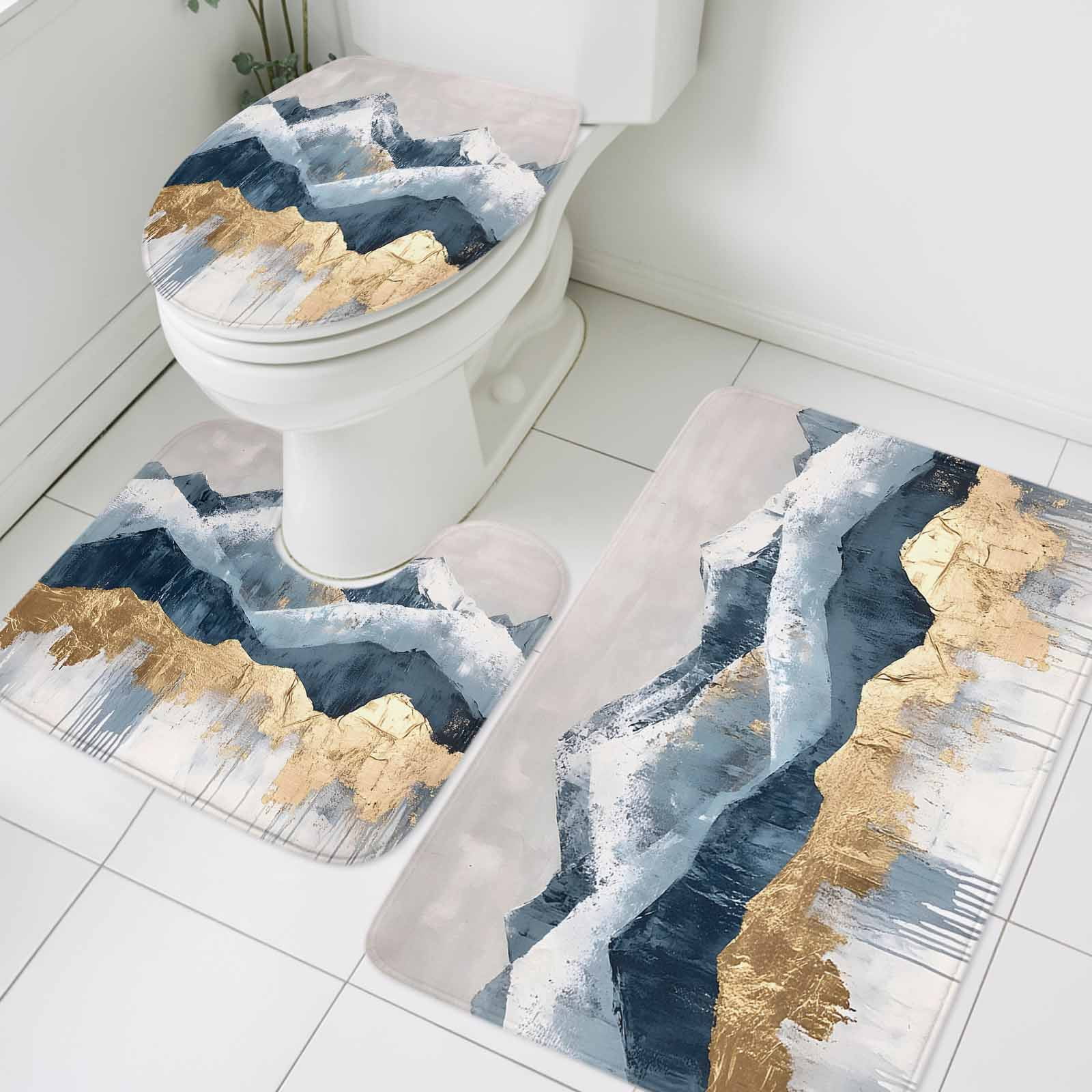 Abstact Color Block Bathroom Rugs Set Blue Grey Mountain Gold Gradient ...