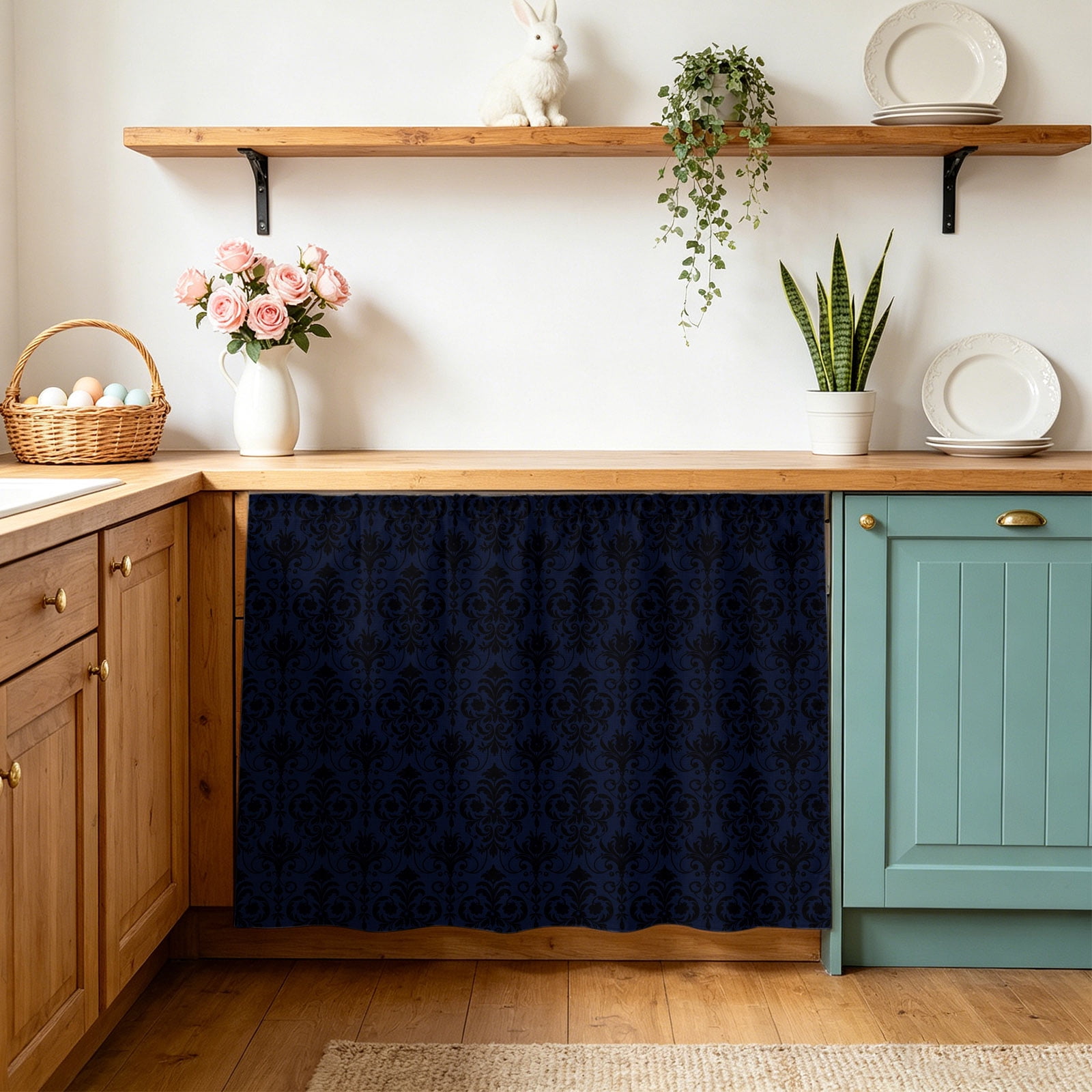 Abstrac Plant Cabinet Curtains 11" W x 13" L Black Blue Flower Ethnic ...
