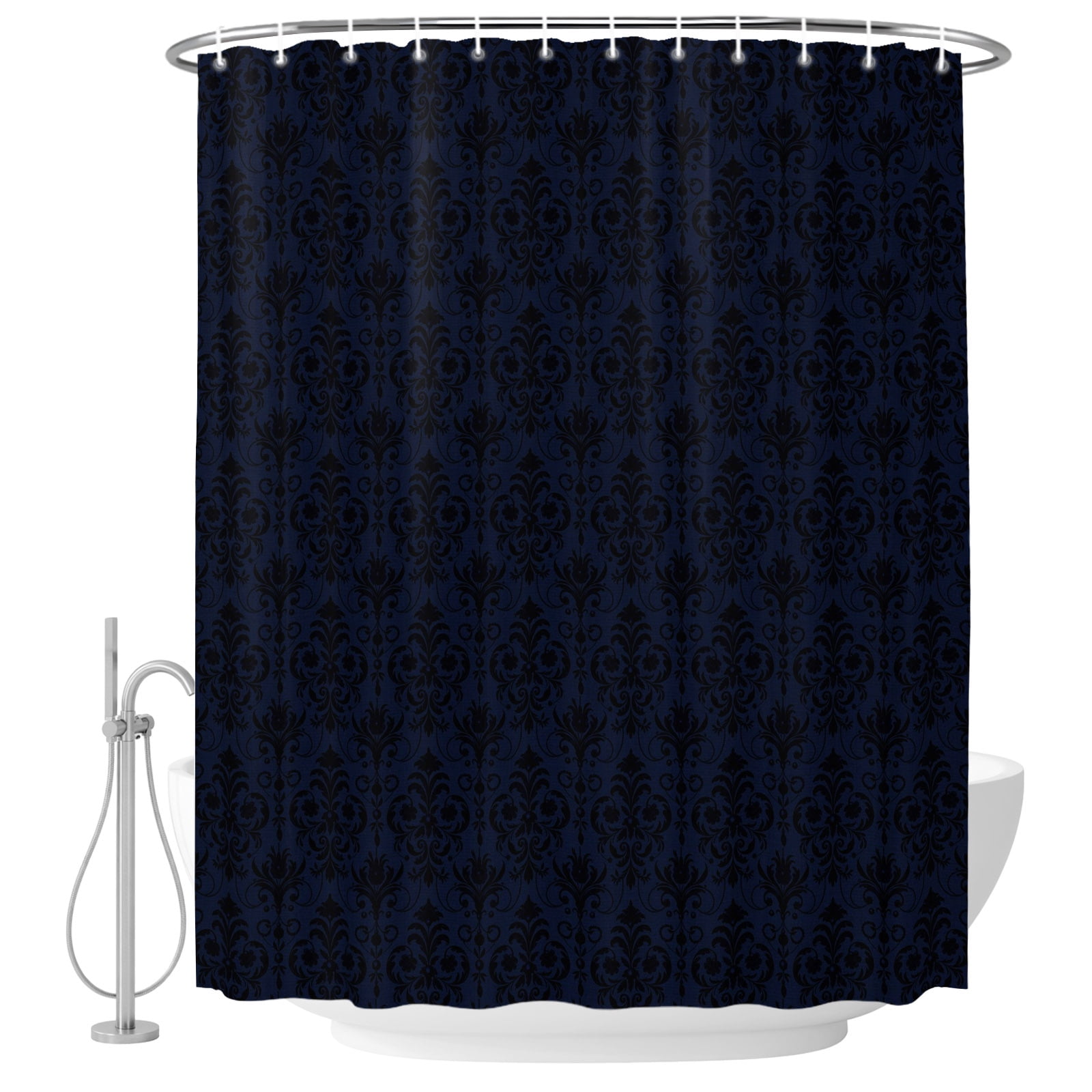 Abstrac Plant Shower Curtain Set with Hooks, Black Blue Flower Ethnic ...