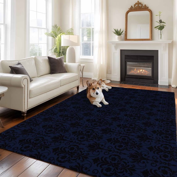 Abstrac Plant Washable Area Rug 5x7 Black Blue Flower Ethnic Style Low ...