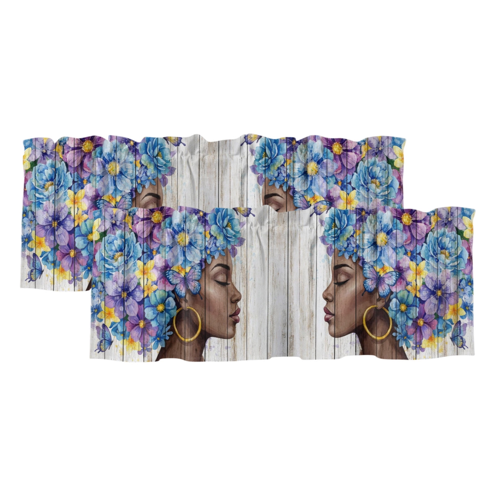 Abstract 2 Panels Kitchen Valance, African-American Women Blue Purple ...