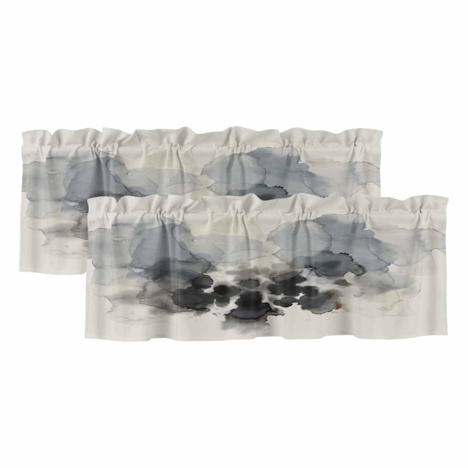 Abstract 2 Panels Kitchen Valance, Ink Painting Mottled Gradient Blue ...