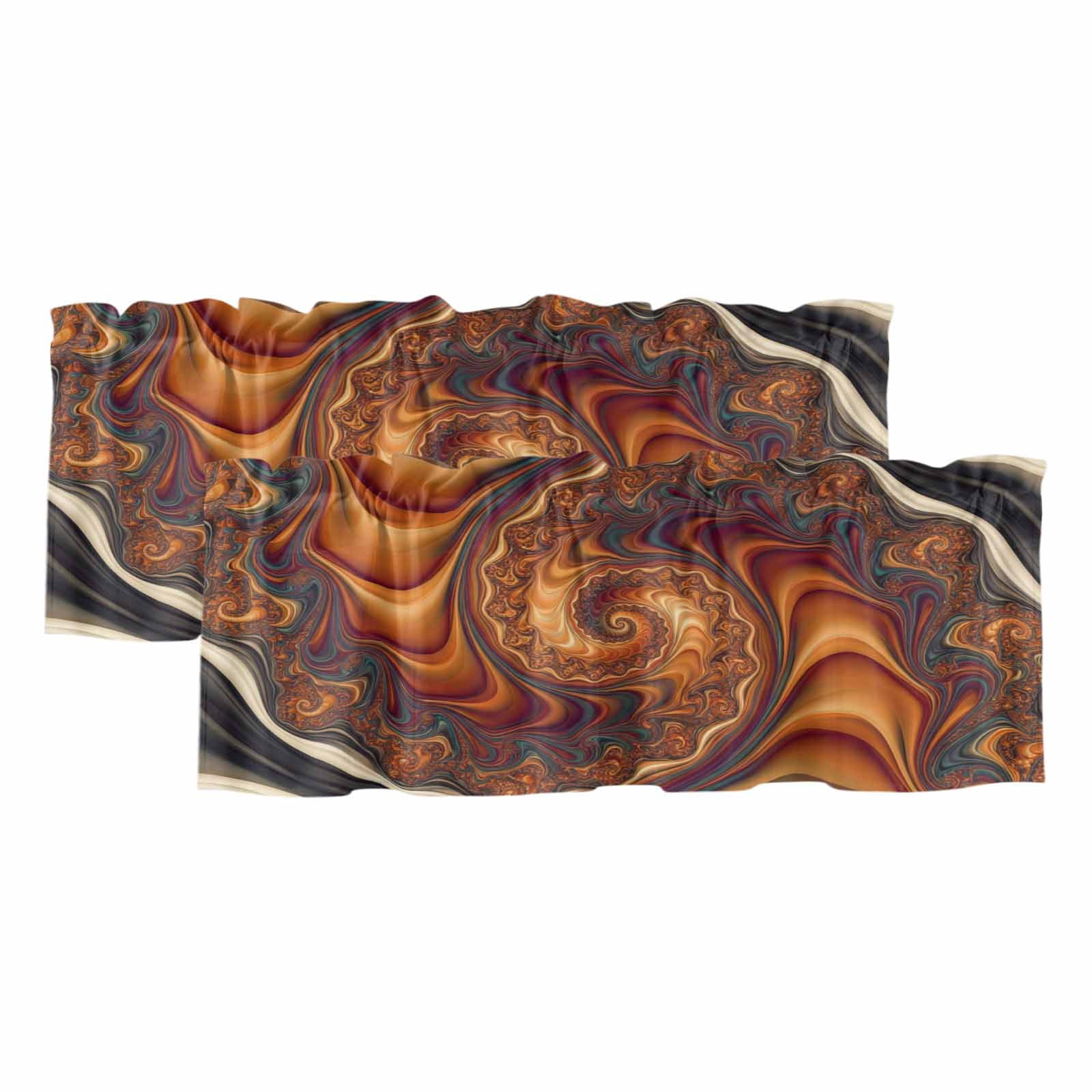 Abstract 2 Panels Kitchen Valance, Swirling Shape Brown Gold Red Marble ...