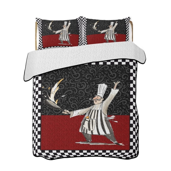 Abstract 3 Pieces Quilt Set, 1 Quilt with 2 Shams, Cartoon Style Chef ...