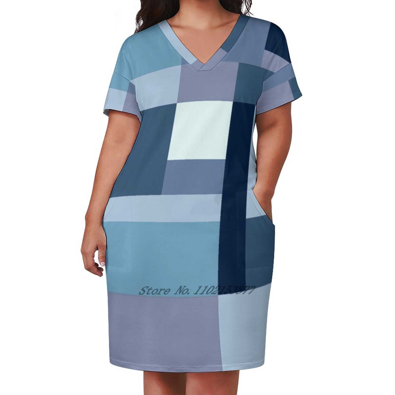 Abstract #387 Blue Harmony Loose Pocket Dress Fashion Print Dress Short Sleeve V-Neck A-Line ...