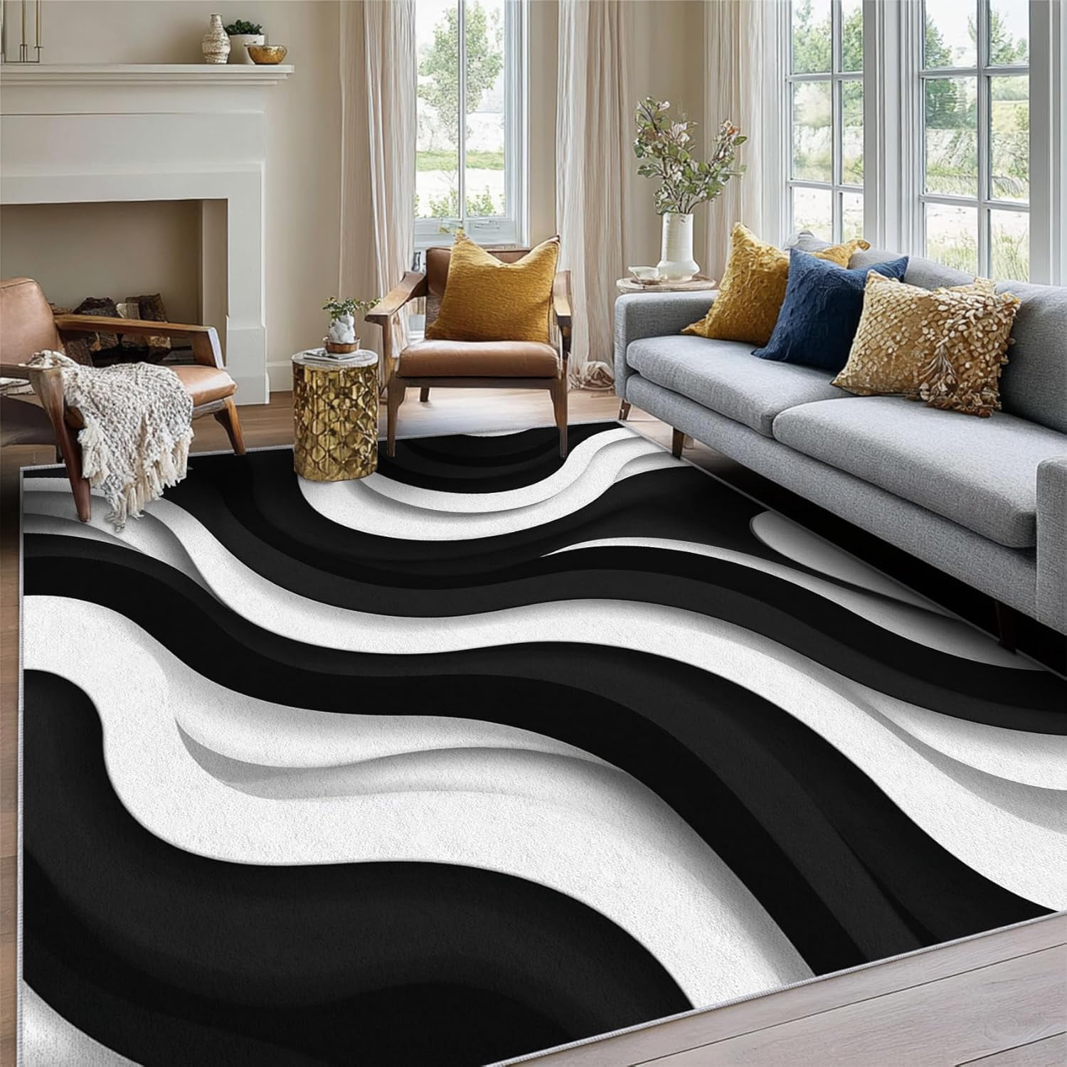 Abstract 3D Striped Area Rug, Modern Design Carpet, Washable Non Slip ...