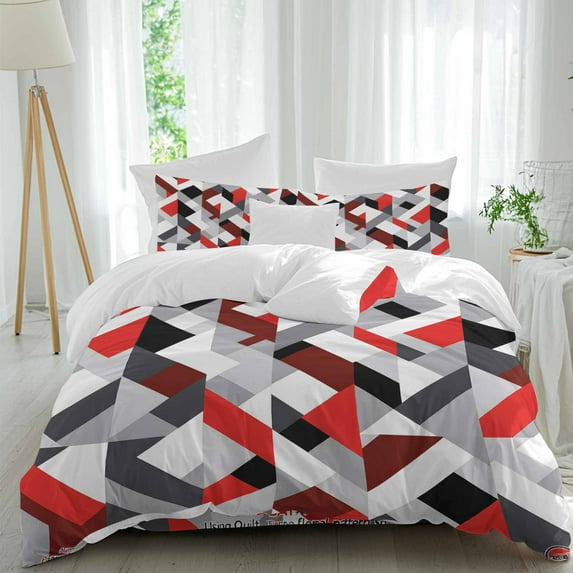Abstract 4 Piece Duvet Cover Set Full Size Red Black Geometric Modern ...