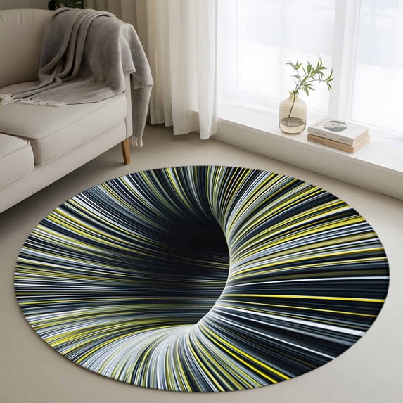 Abstract 4FT Round Area Rugs Lemon Yellow White Linear Warp Optical ...