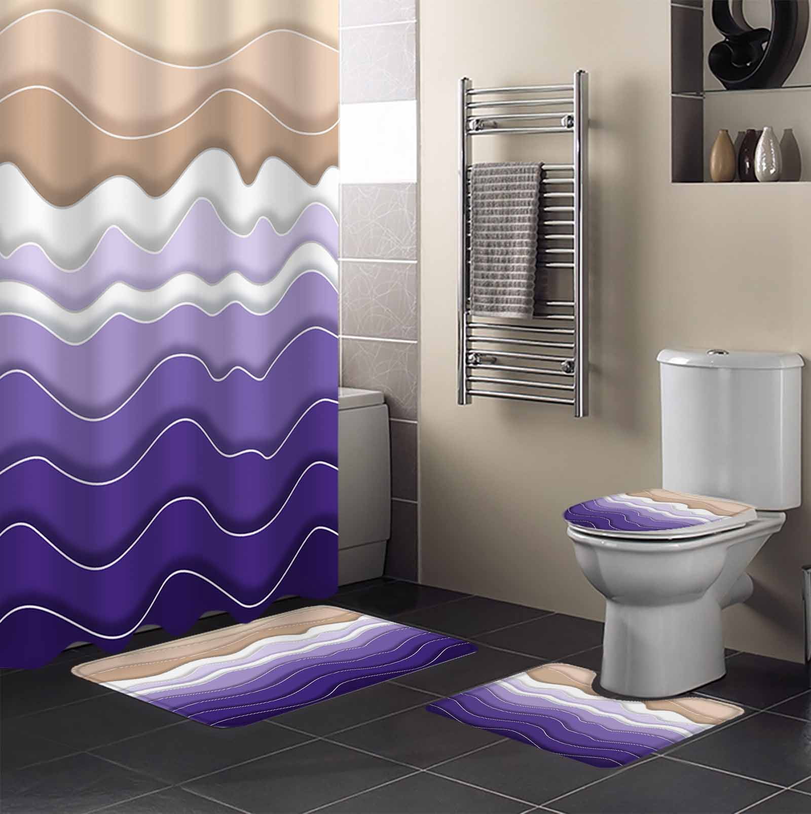 Abstract 4PCS Shower Curtains Set with Toilet Lid Cover Non-Slip Rugs ...