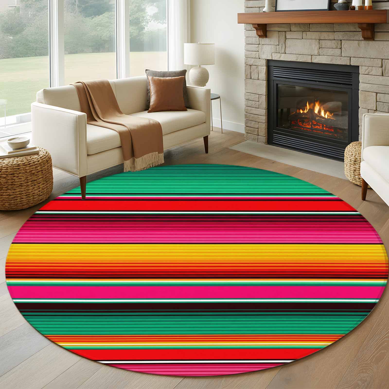 Abstract 5FT Round Area Rugs for Living Room Colorful Mexican Stripe ...