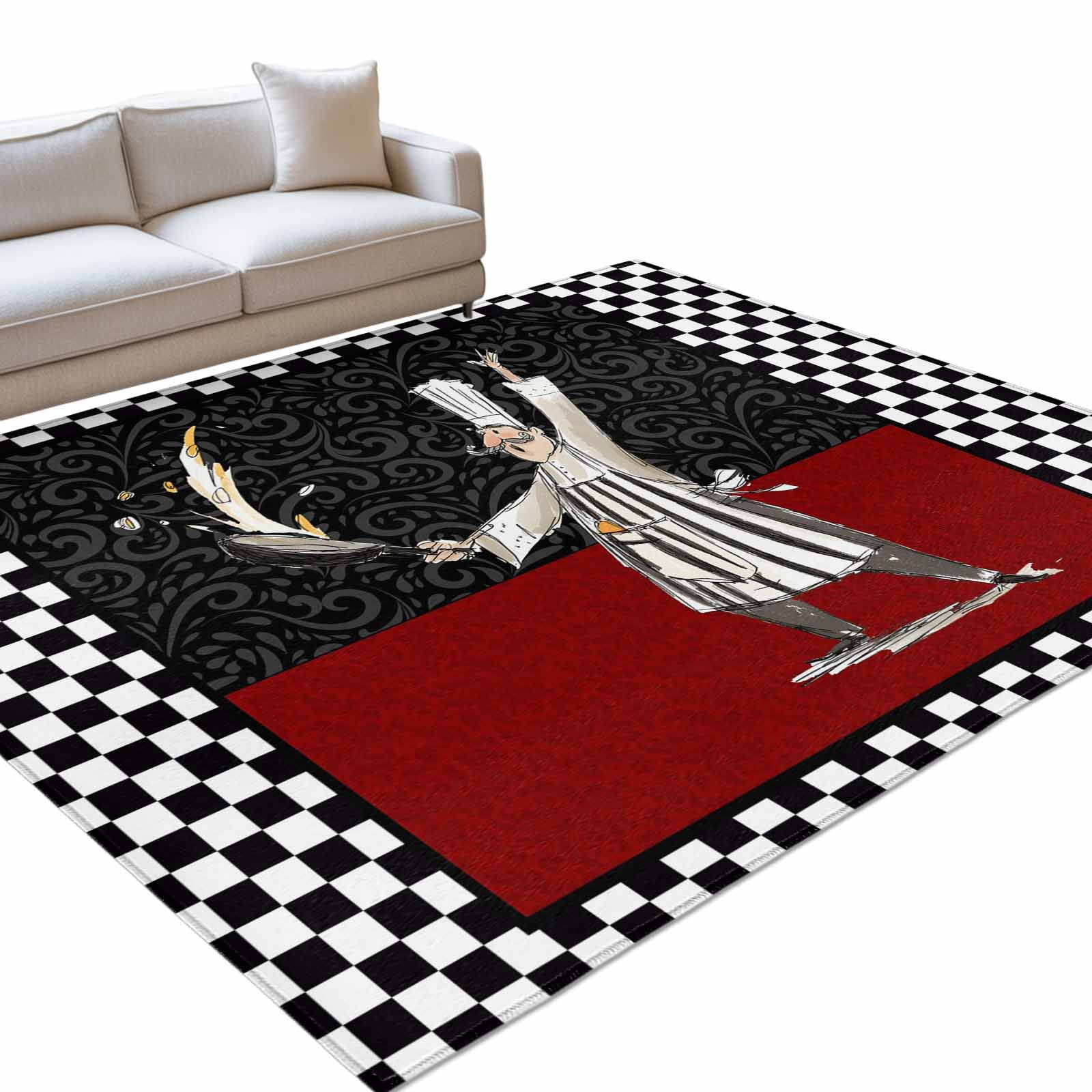 Abstract 5x7ft Non Slip Area Rug Cartoon Style Chef White Black ...