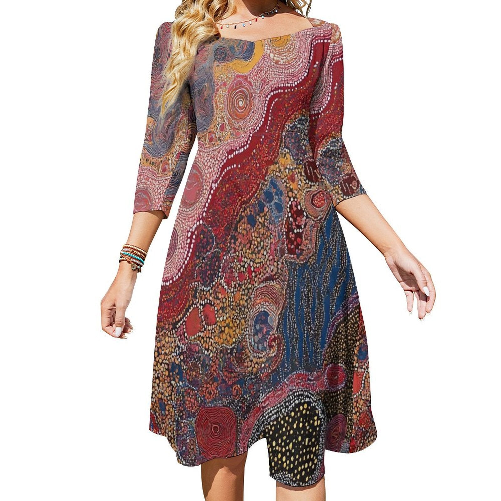 Abstract Aboriginal Dot Painting Art Sweetheart Knot Flared Dress ...