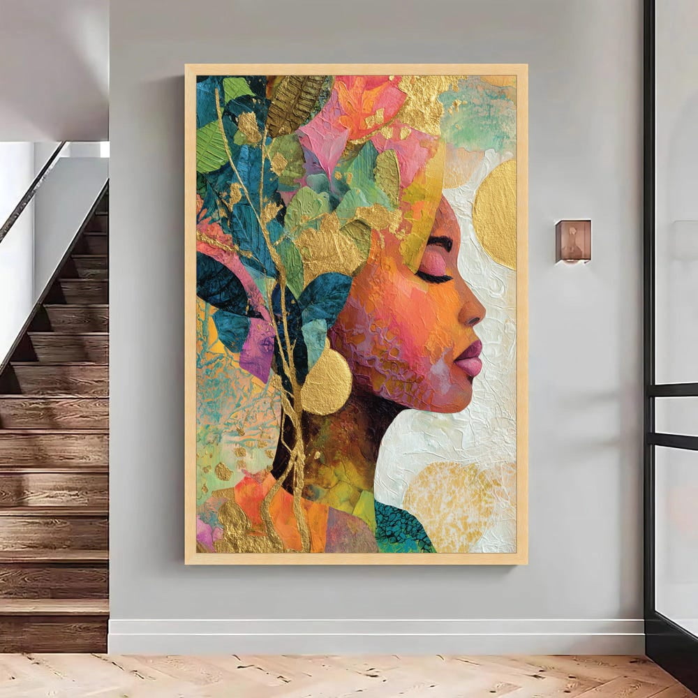 Abstract African Woman Art Print Gold Leaf Floral Head Wrap Modern Wall ...